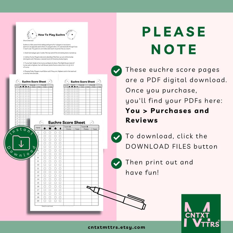 Printable Euchre Score Sheet – Classic 2-team Format| Instant Download ...