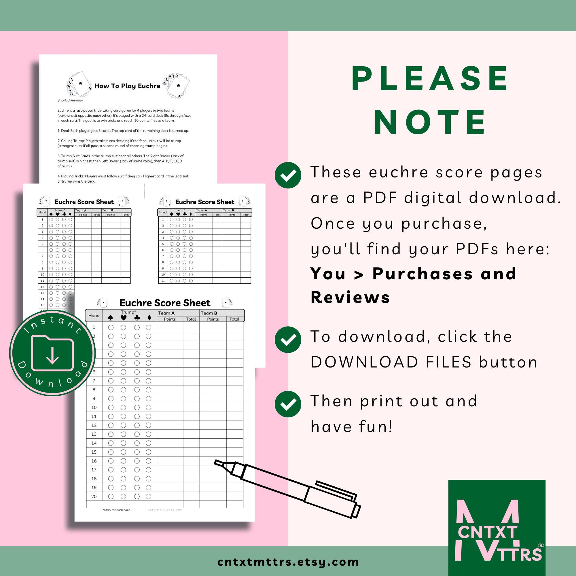 Printable Euchre Score Sheet – Classic 2-team Format| Instant Download ...