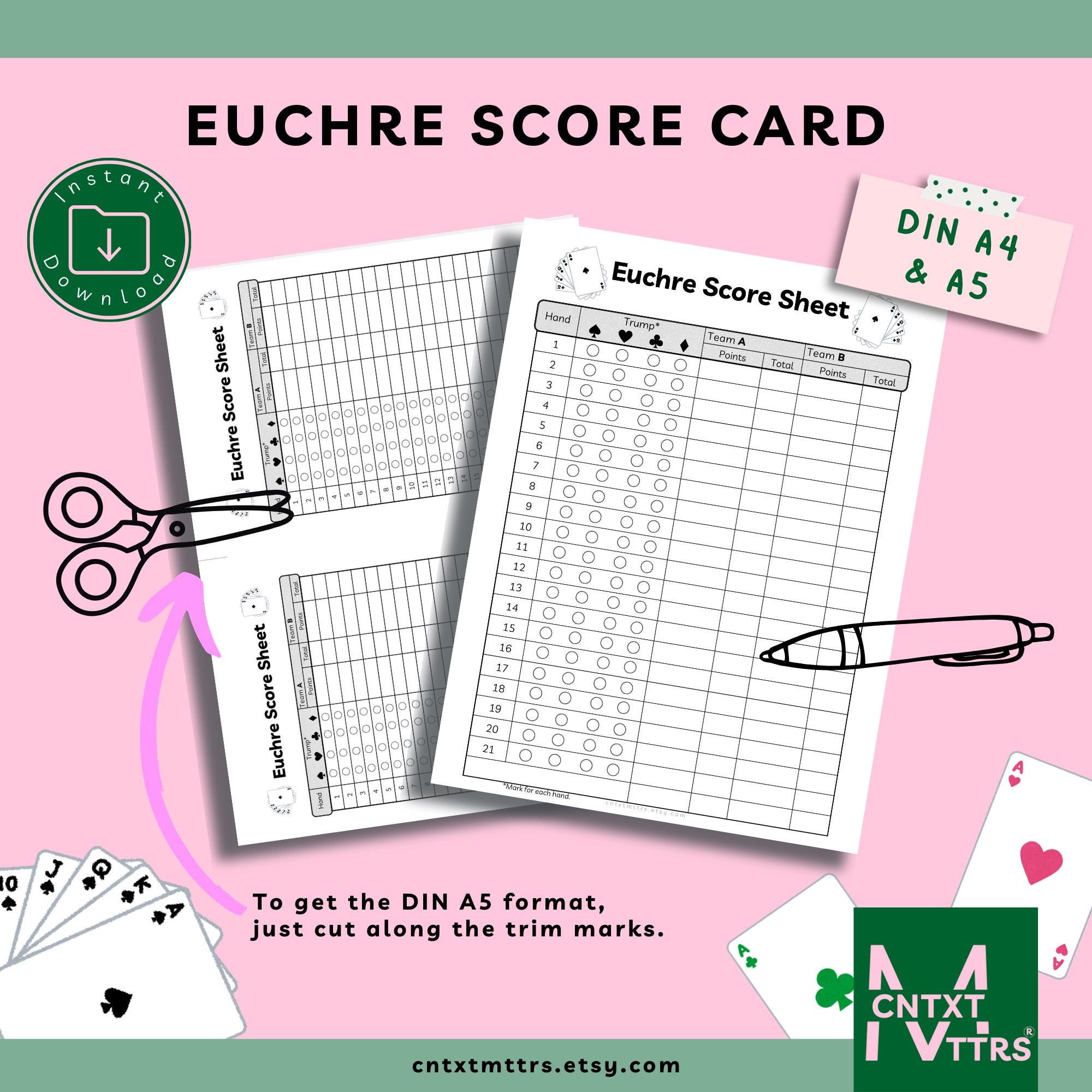 Printable Euchre Score Sheet – Classic 2-team Format| Instant Download ...