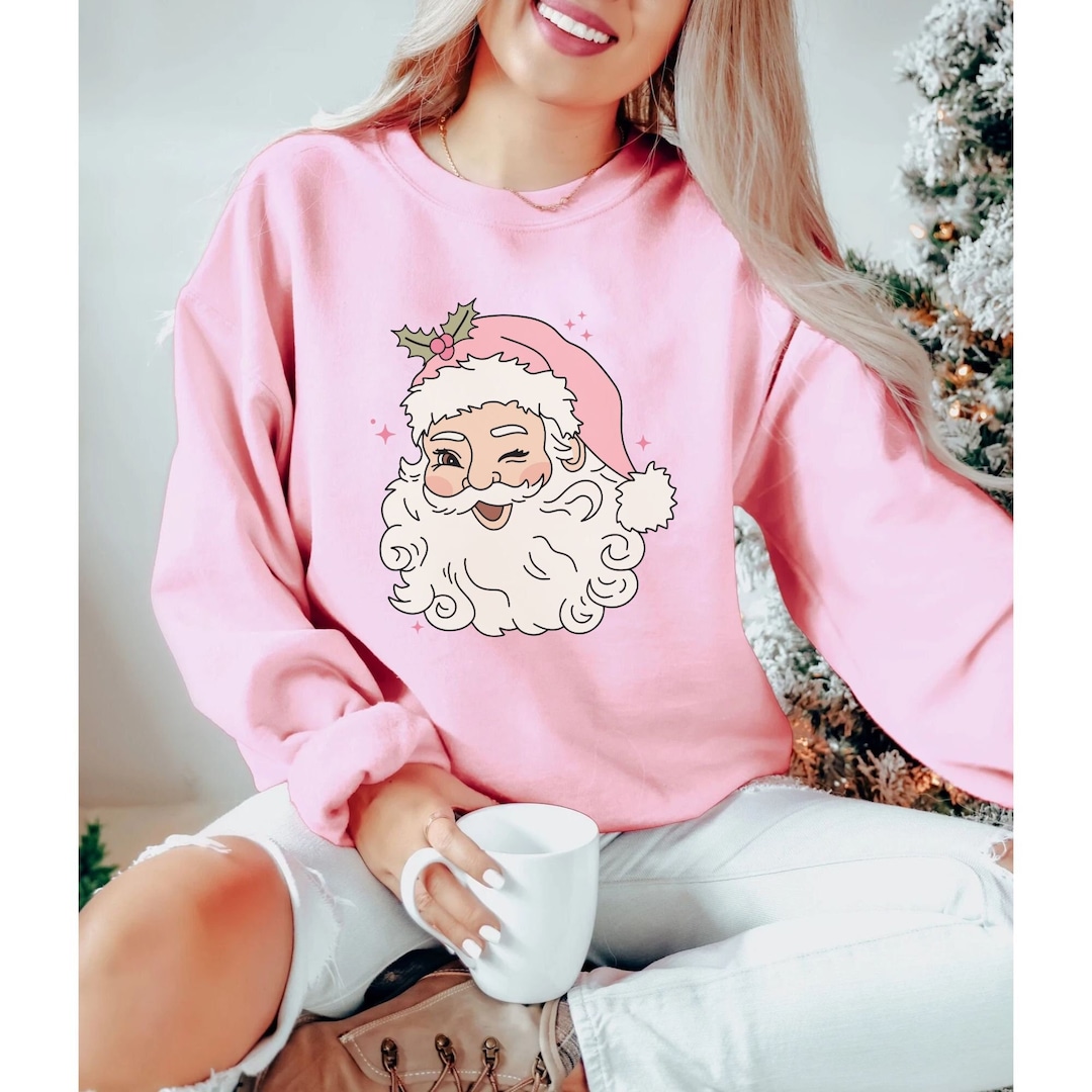 Pink Santa Sweater, Retro Santa Sweatshirt, Vintage Holiday Sweater ...