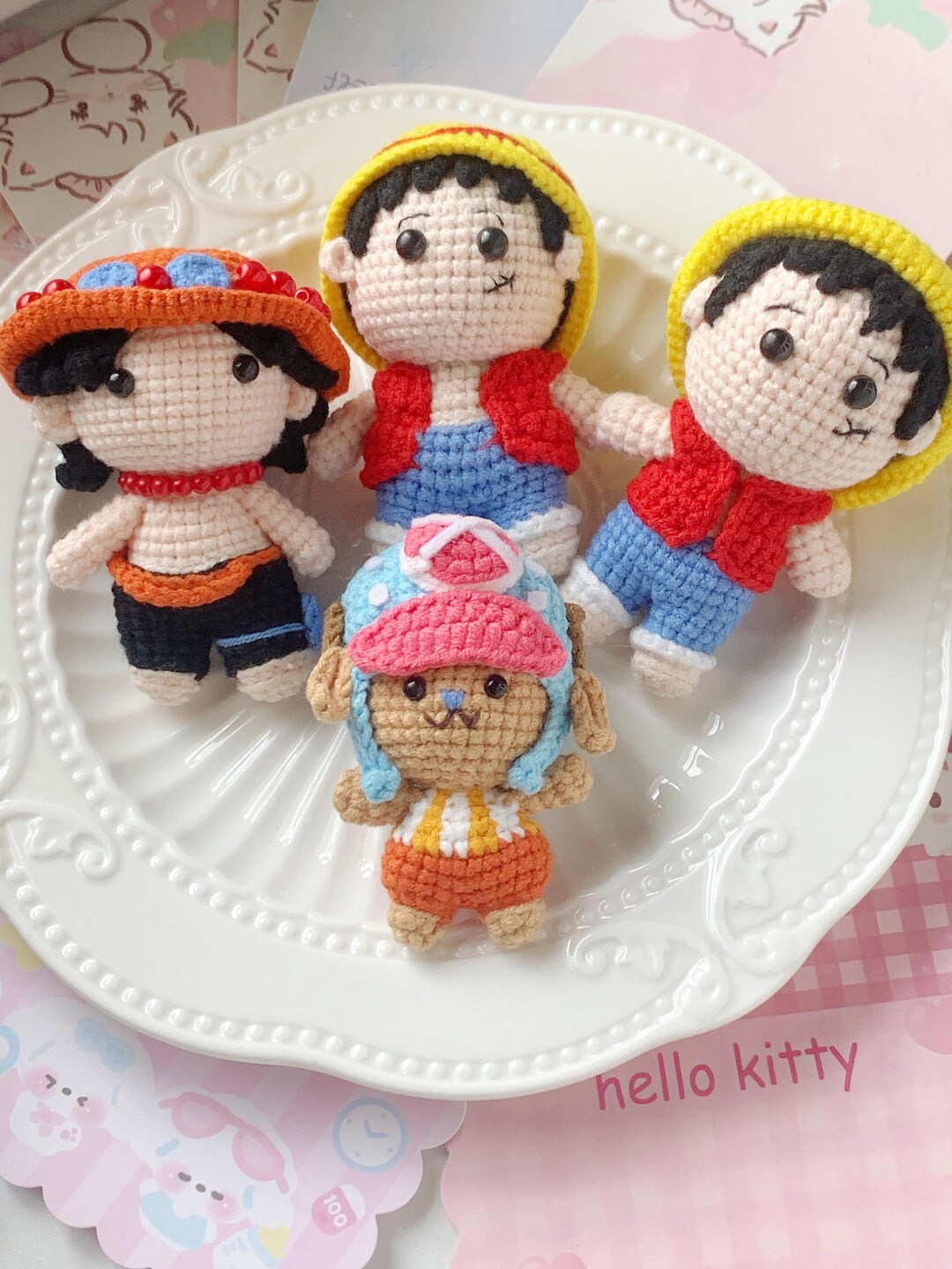 Crochet Anime Keychain: Handmade One Piece Cotton Luffy, Ace, Chopper ...