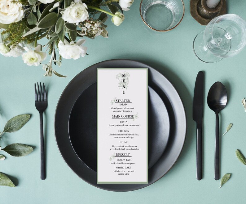 Wedding Menu Template Floral Wedding Menu Sage Greenery Wedding Menu ...