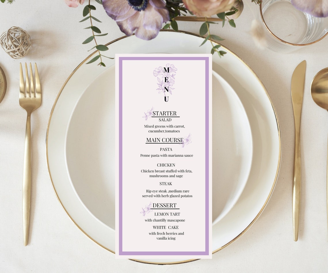 Wedding Menu Template Lavender Modern Menu Cards Download Floral ...