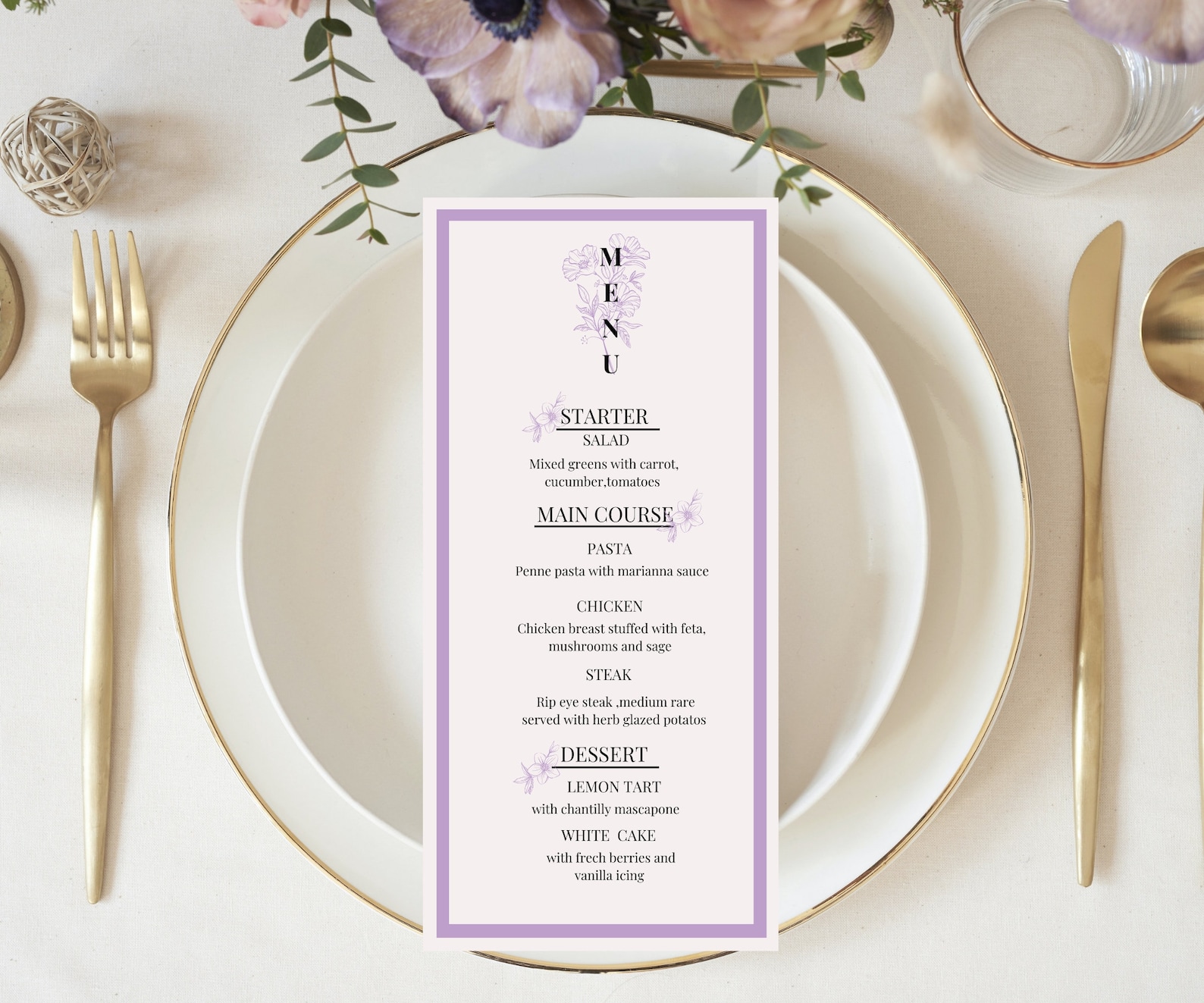 Wedding Menu Template Lavender Modern Menu Cards Download Floral ...