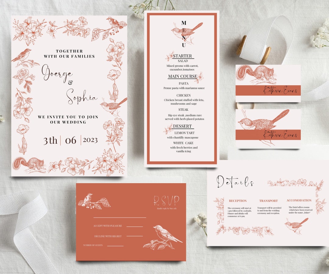 Wedding Invitation Red Invitation Template Floral Wedding Invitation ...