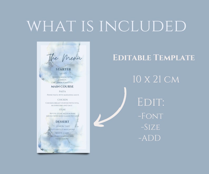 Wedding Menu Blue Menu Template Aquarelle Wedding Menu Card Instant ...