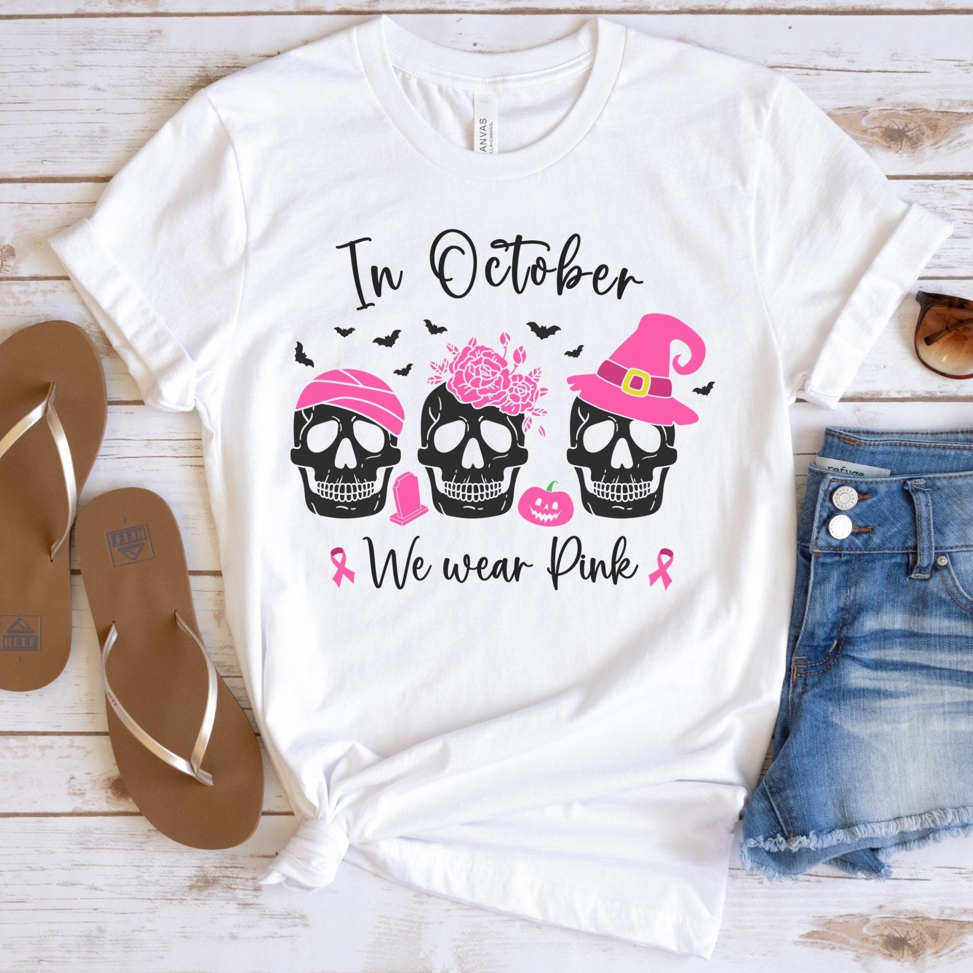 We Wear Pink Breast Cancer Skeleton Skull Shirt, in October We Wear ...