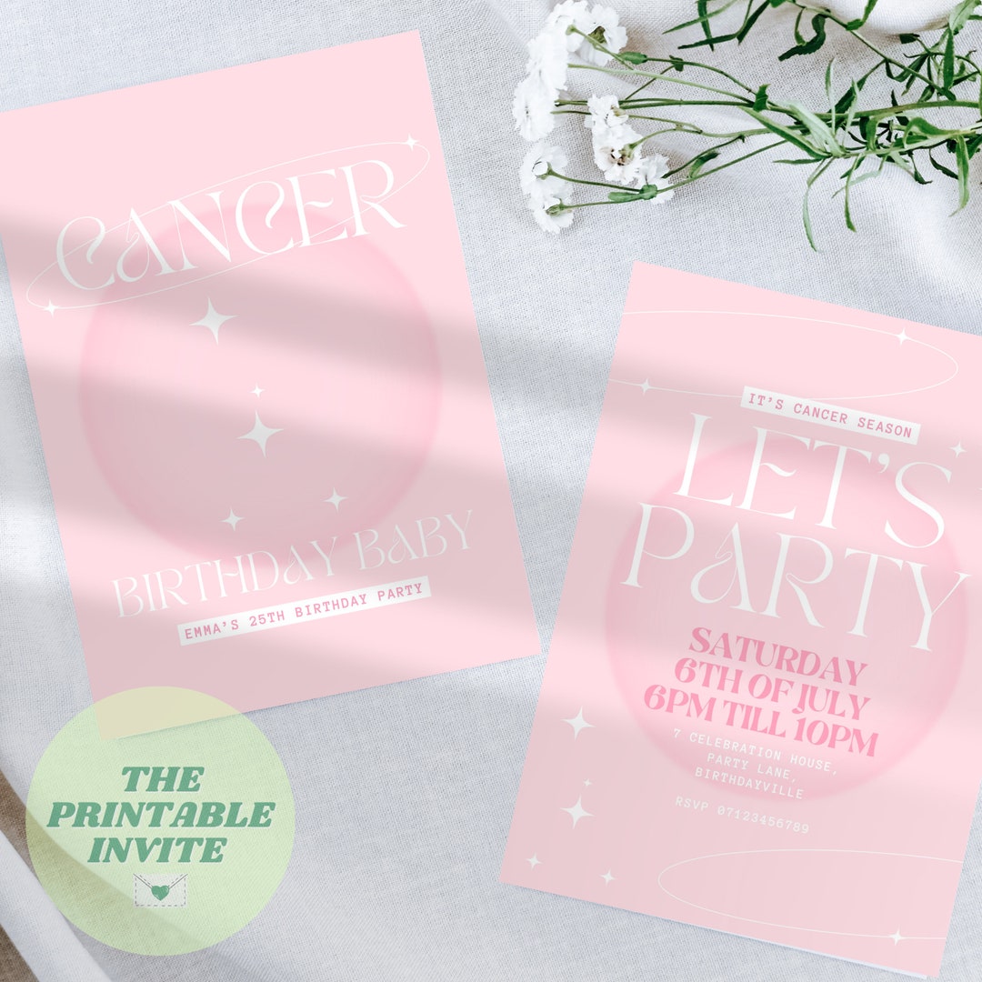 Cancer Season Birthday Party Invitation: Pink Zodiac Canva Template ...