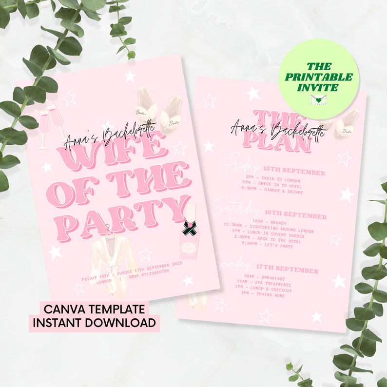 Wife of the Party Bachelorette Invitation & Itinerary: Editable Canva ...