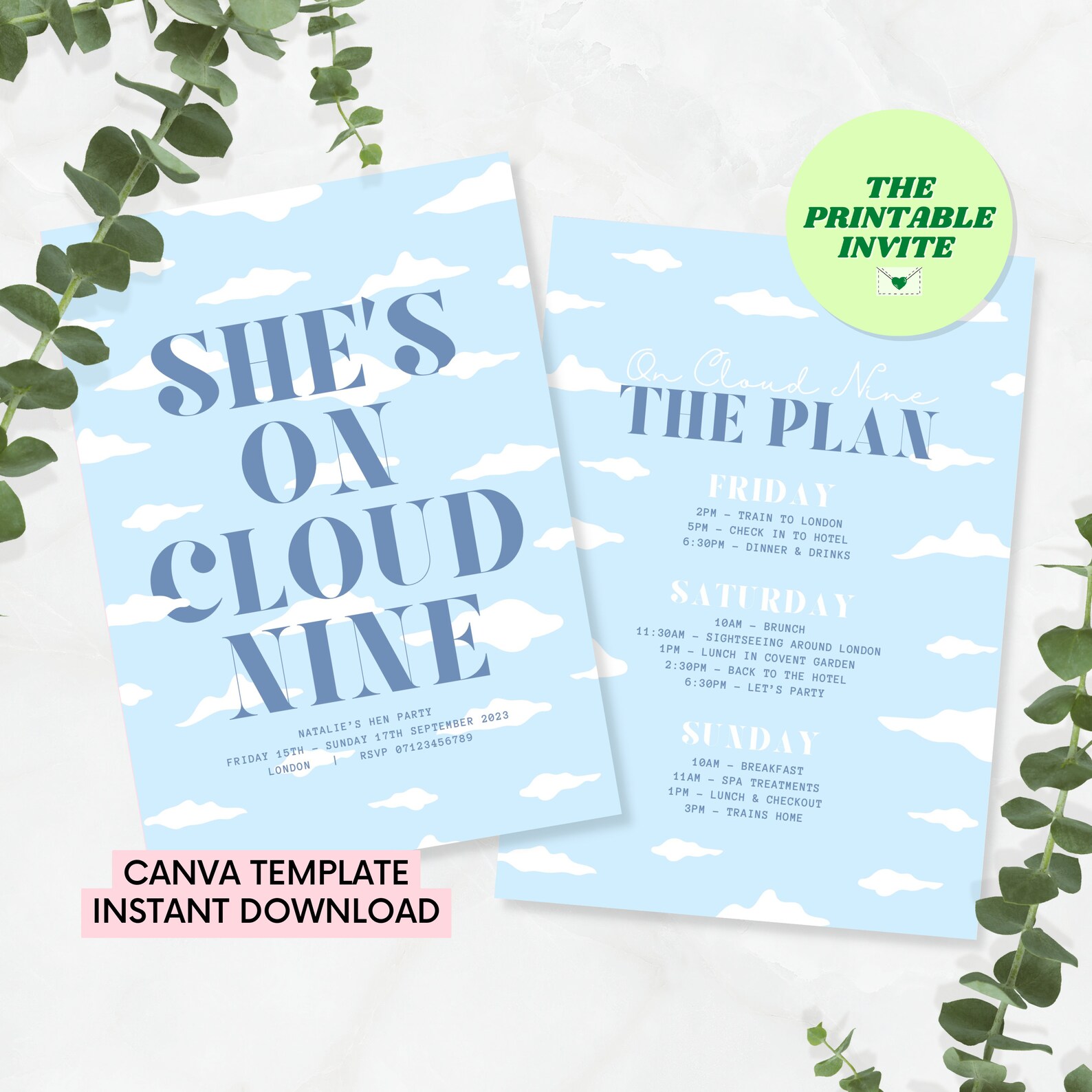 Editable Hen Bachelorette Party Invite Shes on Cloud Nine - Etsy