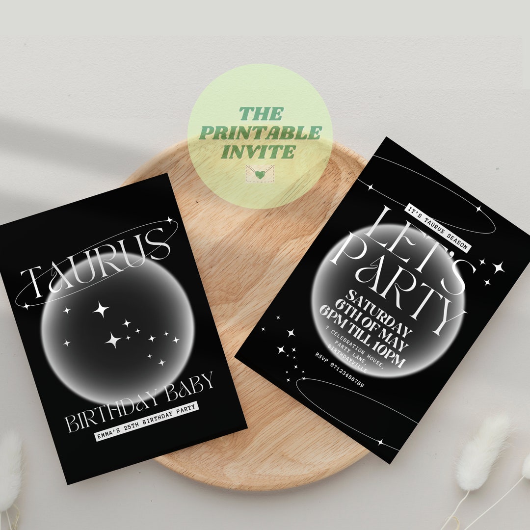 Taurus Season Black | Zodiac Horoscope Editable Birthday Party Invite ...