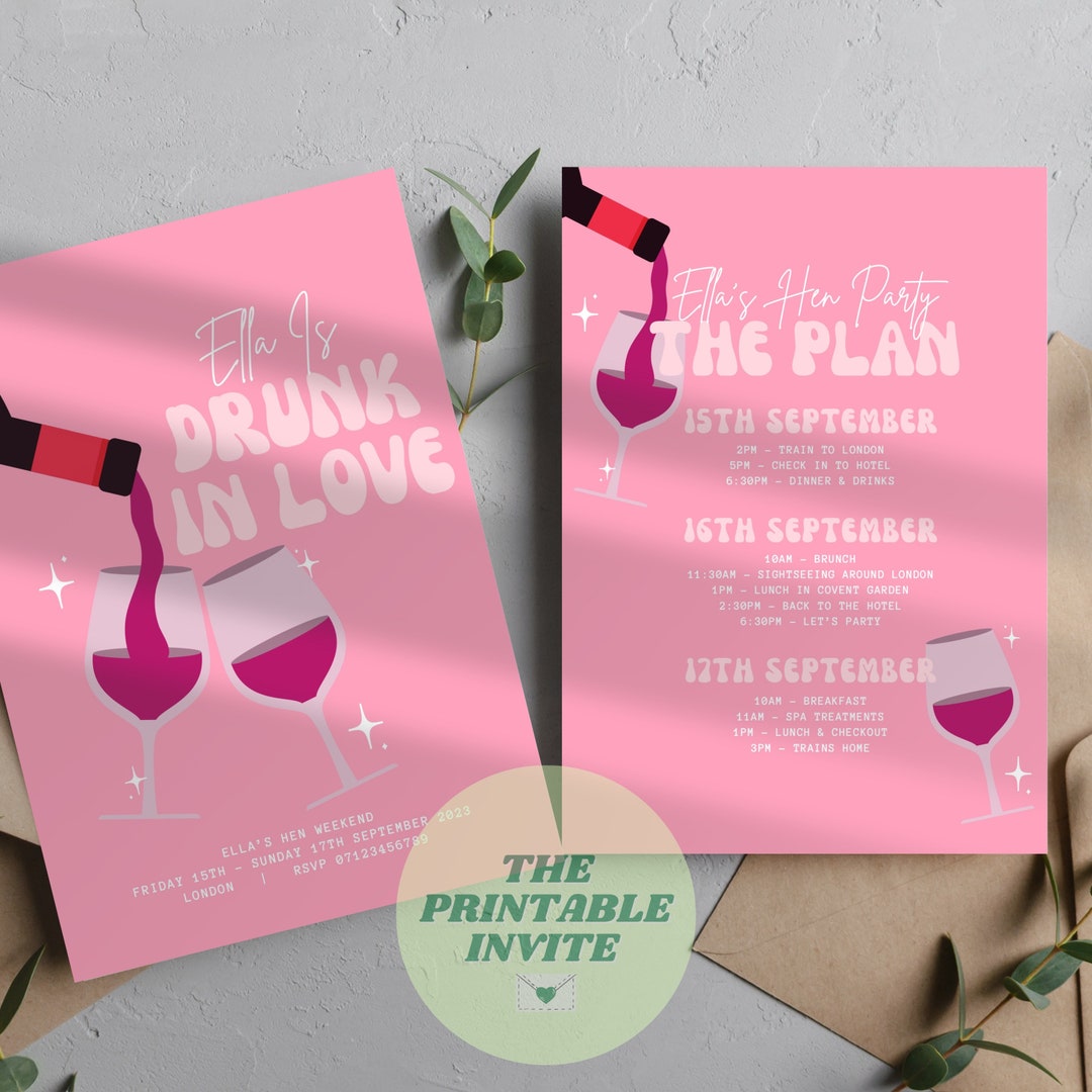 Drunk in Love Wine Hen Party Invitation: Editable Itinerary Template (canva, Digital) - Etsy