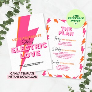 Electric Love | Hen Bachelorette Party Invitation Itinerary | Canva ...