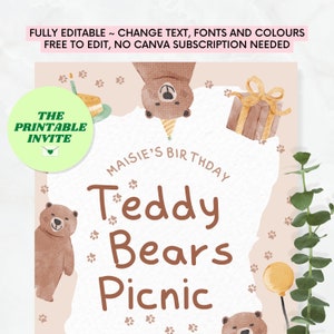 Teddy Bears Picnic Editable Children’s Birthday Party Welcome Board ...