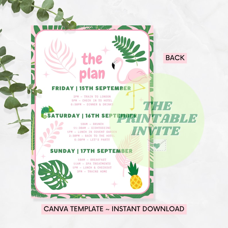 Tropical Bachelorette Party Invitation: Flamingo Hen Party Itinerary ...