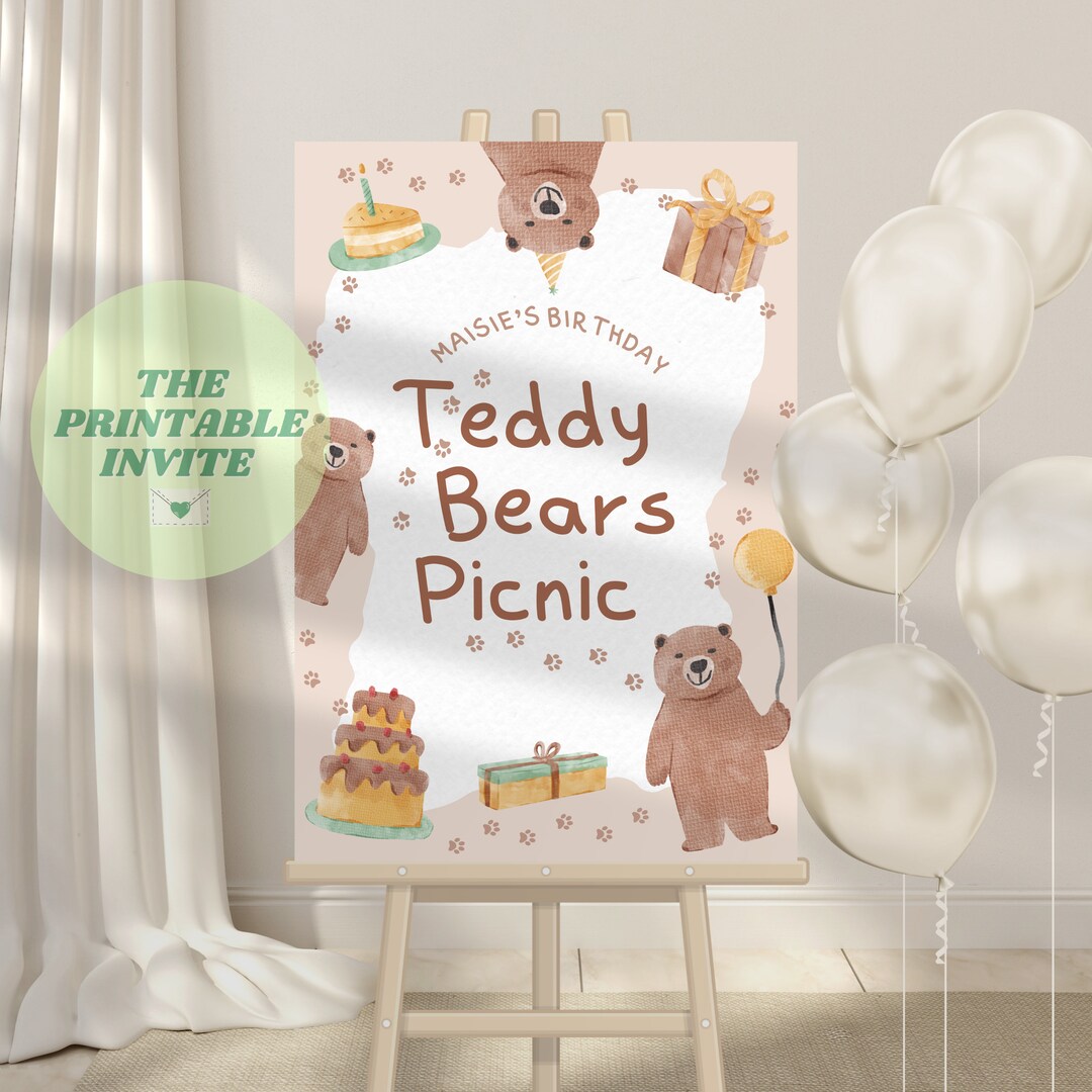 Teddy Bears Picnic Editable Children’s Birthday Party Welcome Board ...