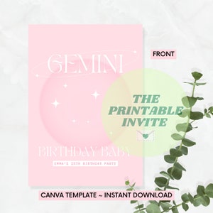 Gemini Season Pink Zodiac Horoscope Editable Birthday Party Invite ...