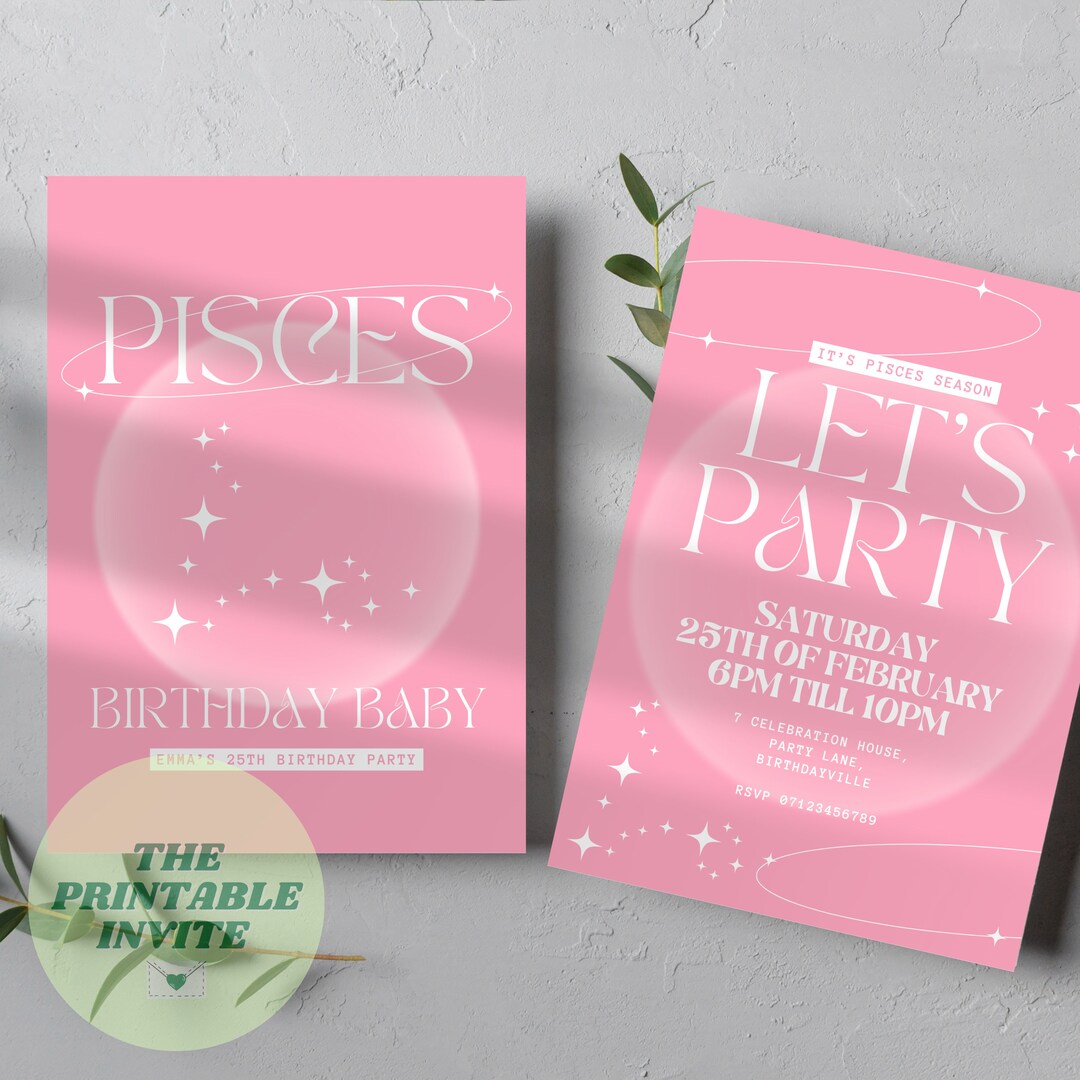 Pisces Season Pink | Zodiac Horoscope Birthday Party Invitation | Canva ...