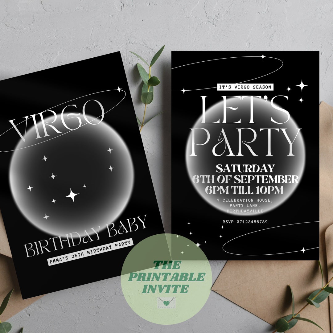 Virgo Birthday Party Invitation: Zodiac Theme, Editable Template ...