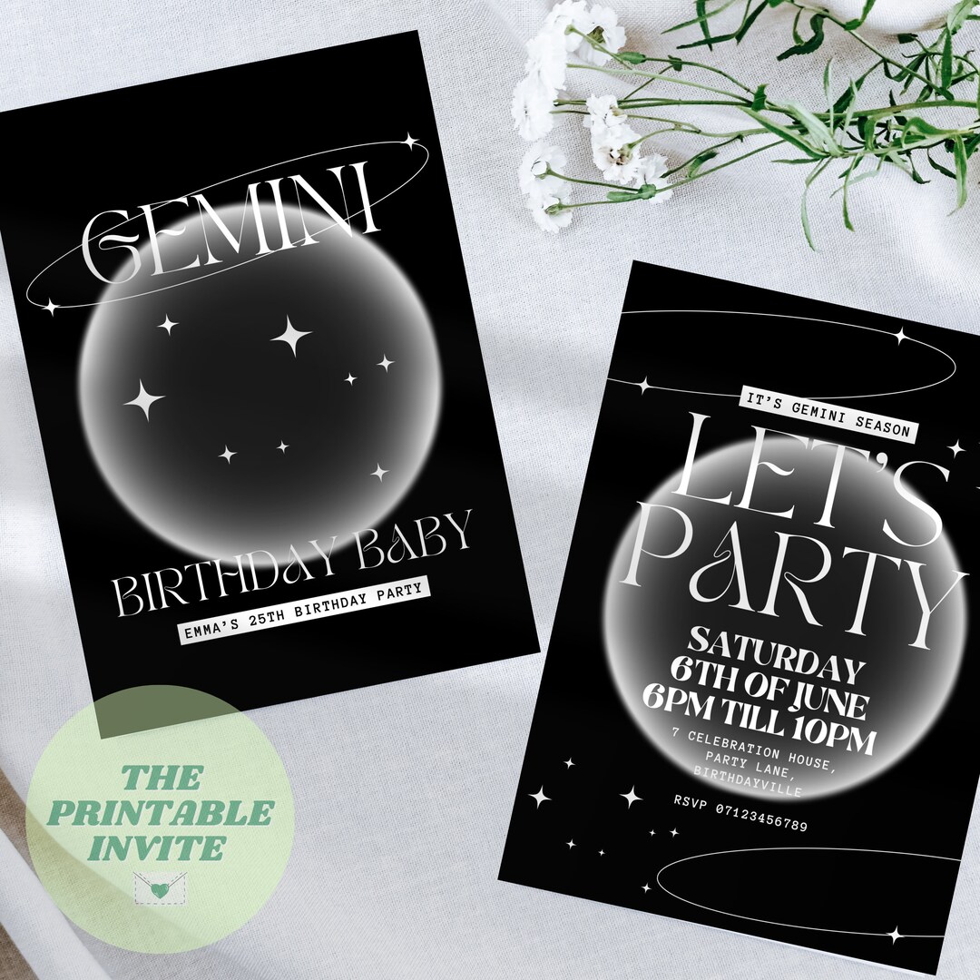Gemini Season Black | Zodiac Horoscope Editable Birthday Party Invite ...