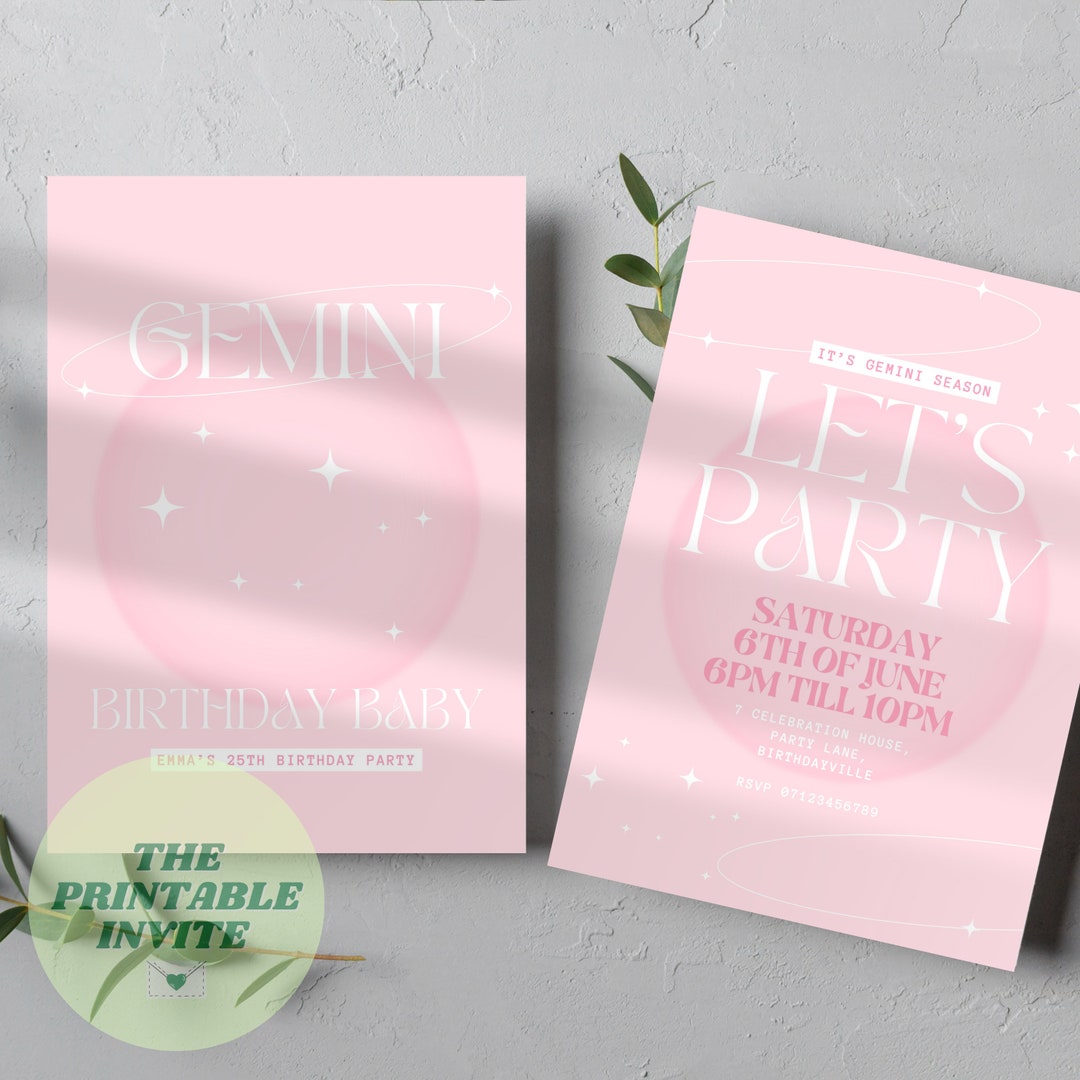 Gemini Birthday Party Invitation: Pink Zodiac Theme (canva Template) - Etsy