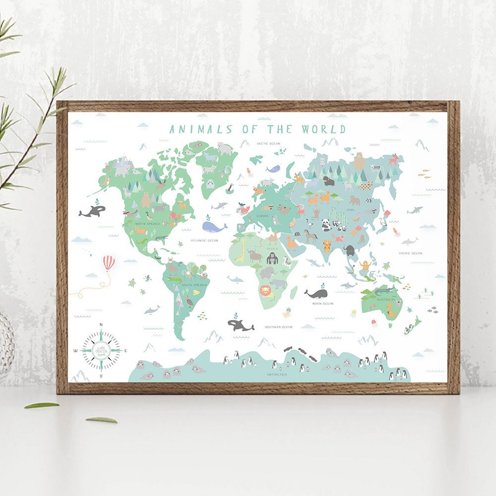 World Map Print for Kids, Animal World Map Print, Nursery Kids Decor ...