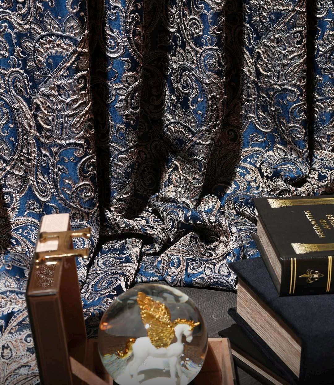 Dark Blue & Gold Drapes, Luxury Paisley Brocade Curtains, Elegant ...