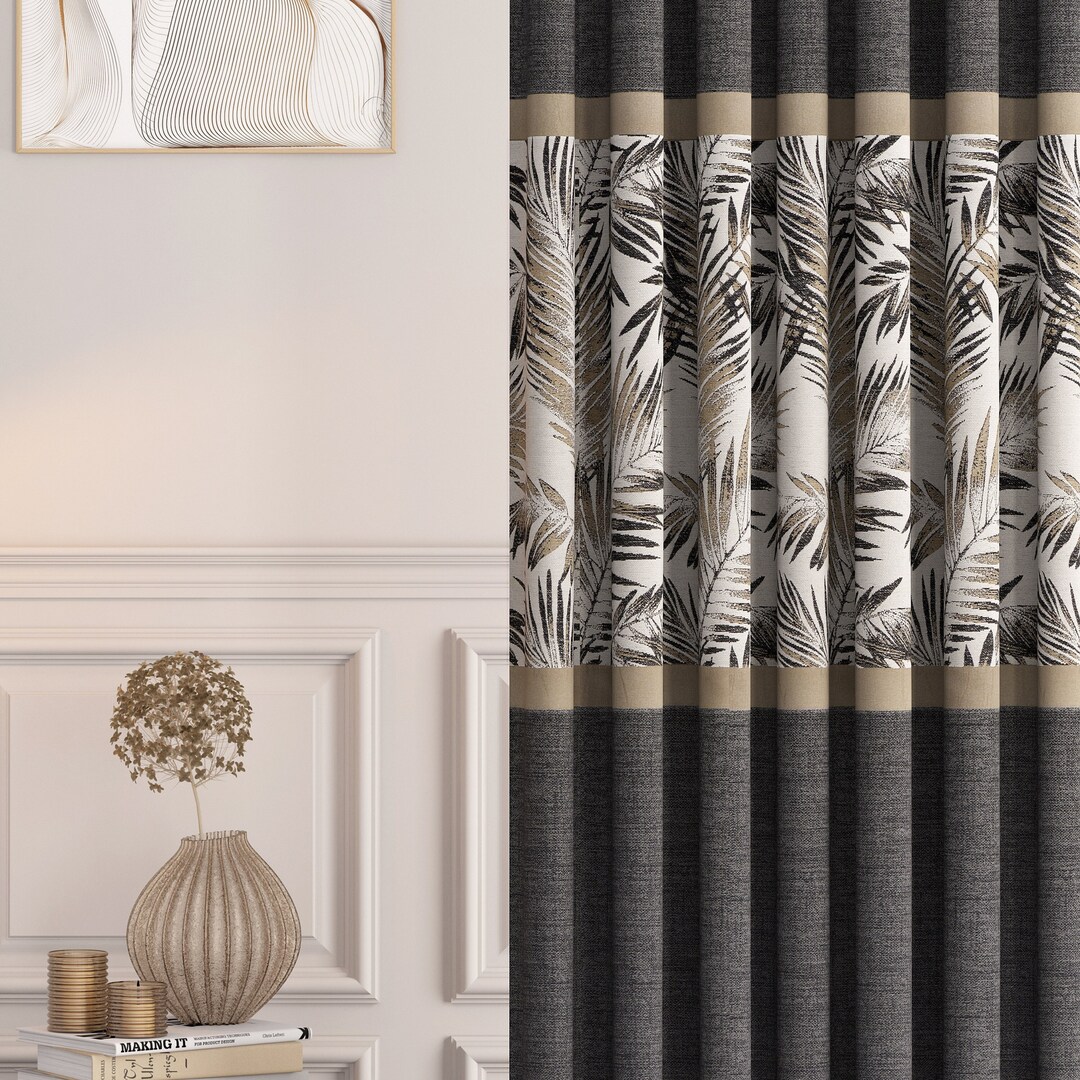 Modern Living Room Curtain Panel With Horizontal Chic Trim and Floral ...