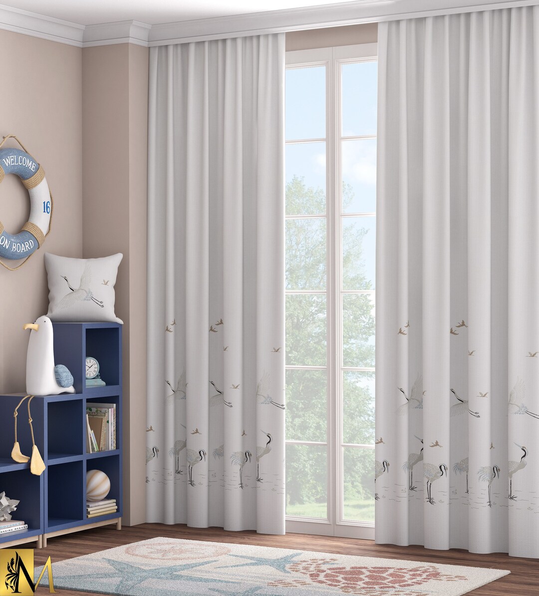 White Linen Curtain With Crane Bird Pattern, Custom Curtains, Bird ...