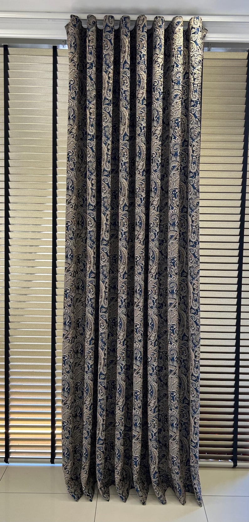 Dark Blue & Gold Paisley Brocade Curtains: Elegant Baroque Window ...
