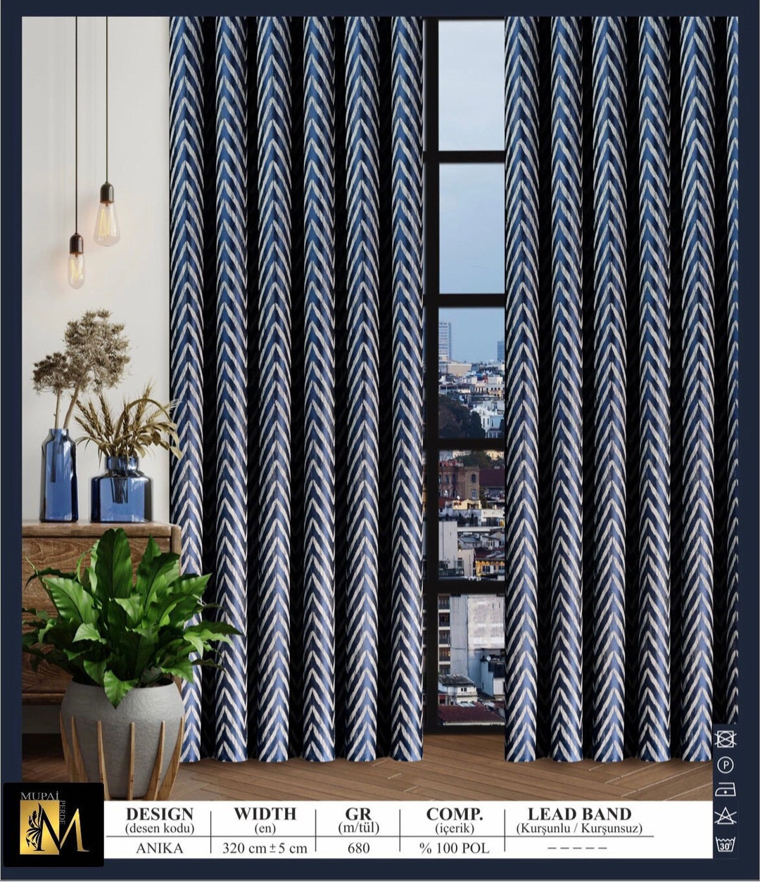 Navy Blue Curtain for Living Room, V Shape Pattern, Room Darkening ...