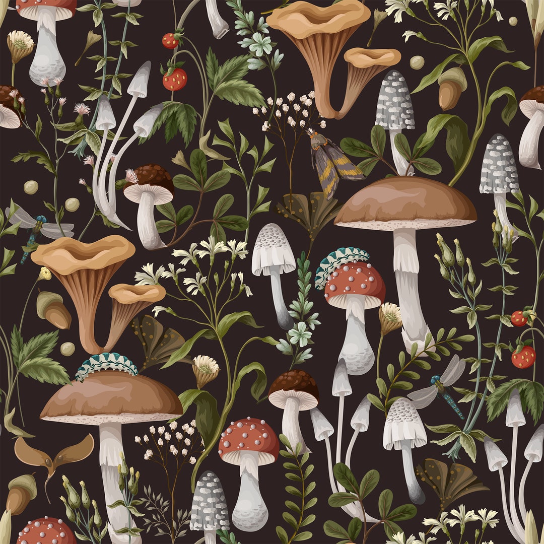 Botanical Mushrooms Wallpaper, Vintage Mushrooms Mural, Peel and Stick ...