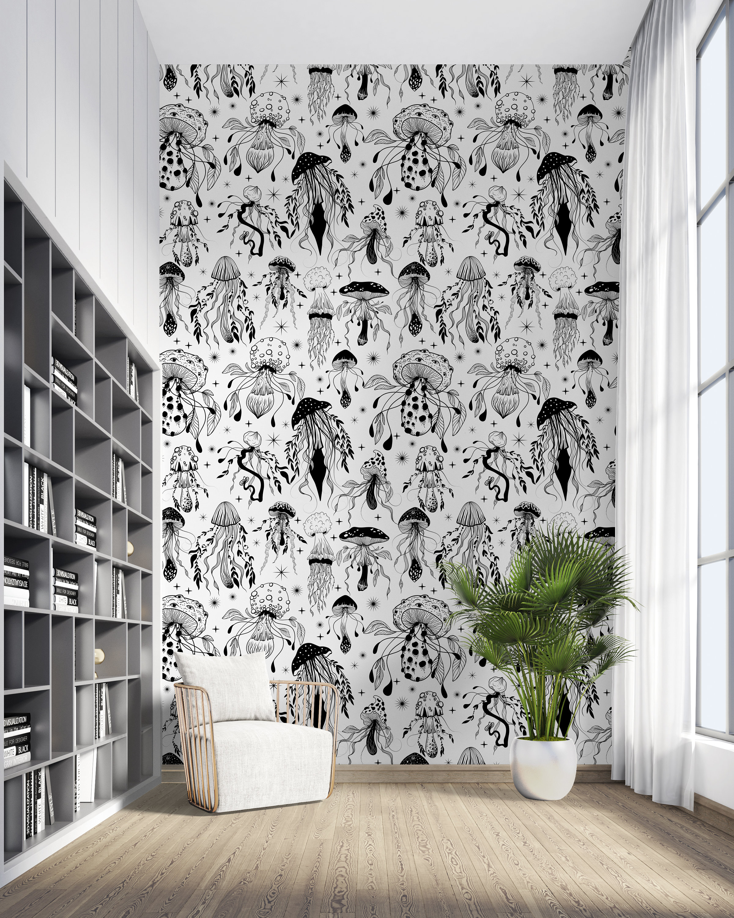 Black and White Tumbled Mushroom Wallpaper Mushroom Mural for - Etsy