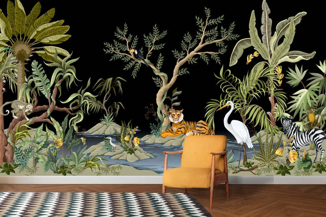 Tiger Zebra and Stork in the Night Palm Forest Removable Wallpaper ...