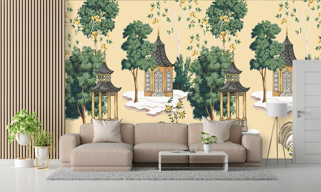 Chinoiserie Vintage Art Murals, Chinese Pagoda Wallpaper, Removable ...