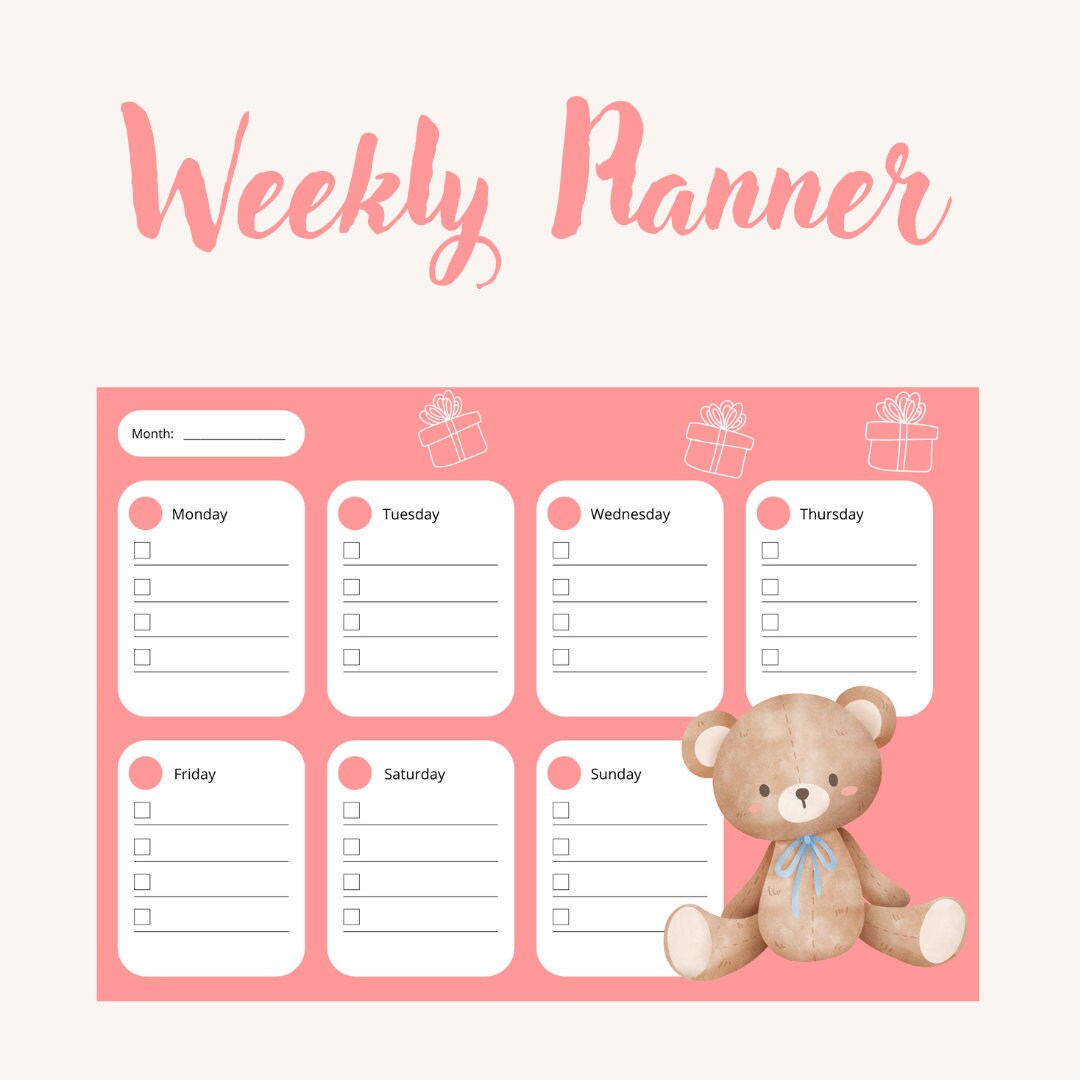 Teddy Bear Weekly Planner for Little Girl, Dark Pink Colored Background ...