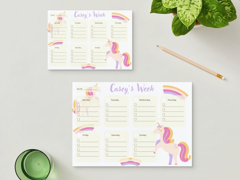 Custom Name Printable Weekly Planner, Kids Unicorn Rainbow Planner ...