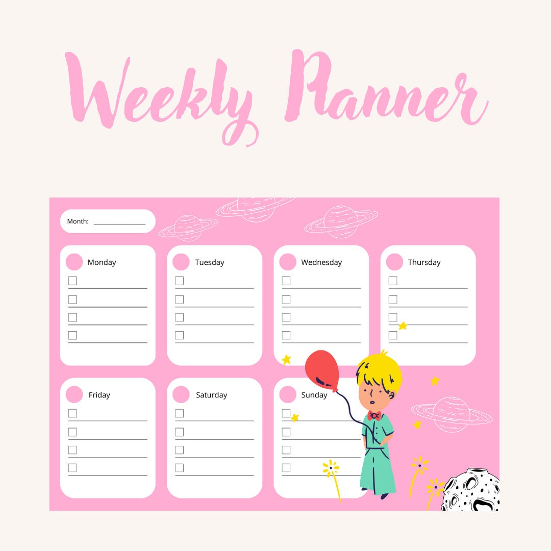 Little Prince Weekly Planner for Children and Kids, Pink Background ...