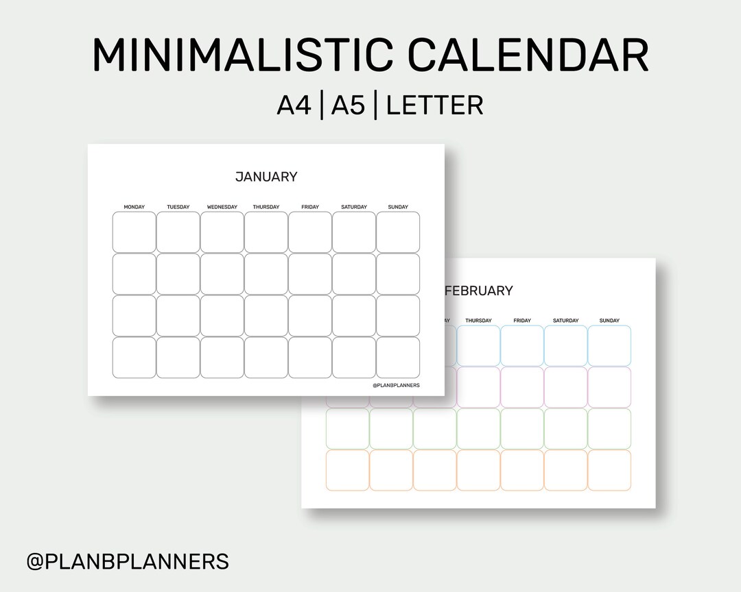 Minimalist Printable Calendar Simple Calendar Color and Grey Theme ...