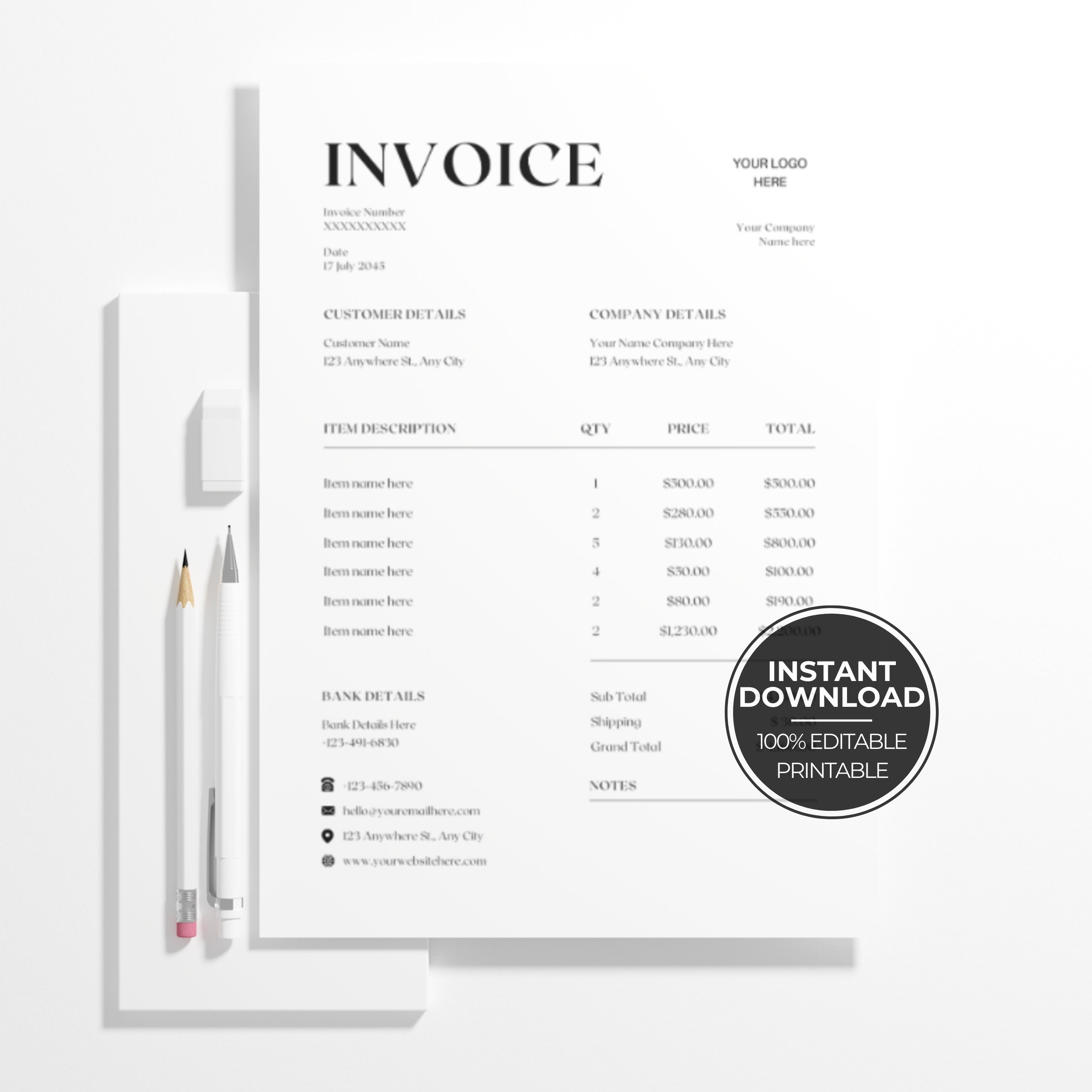 Simple Blank Invoice Template, Price List Template, Editable Inventory ...