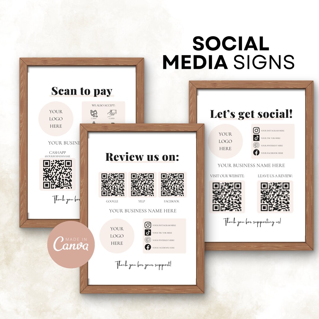 Editable Scan to Pay Sign, Review Us & Lets Get Social QR Code Sign ...