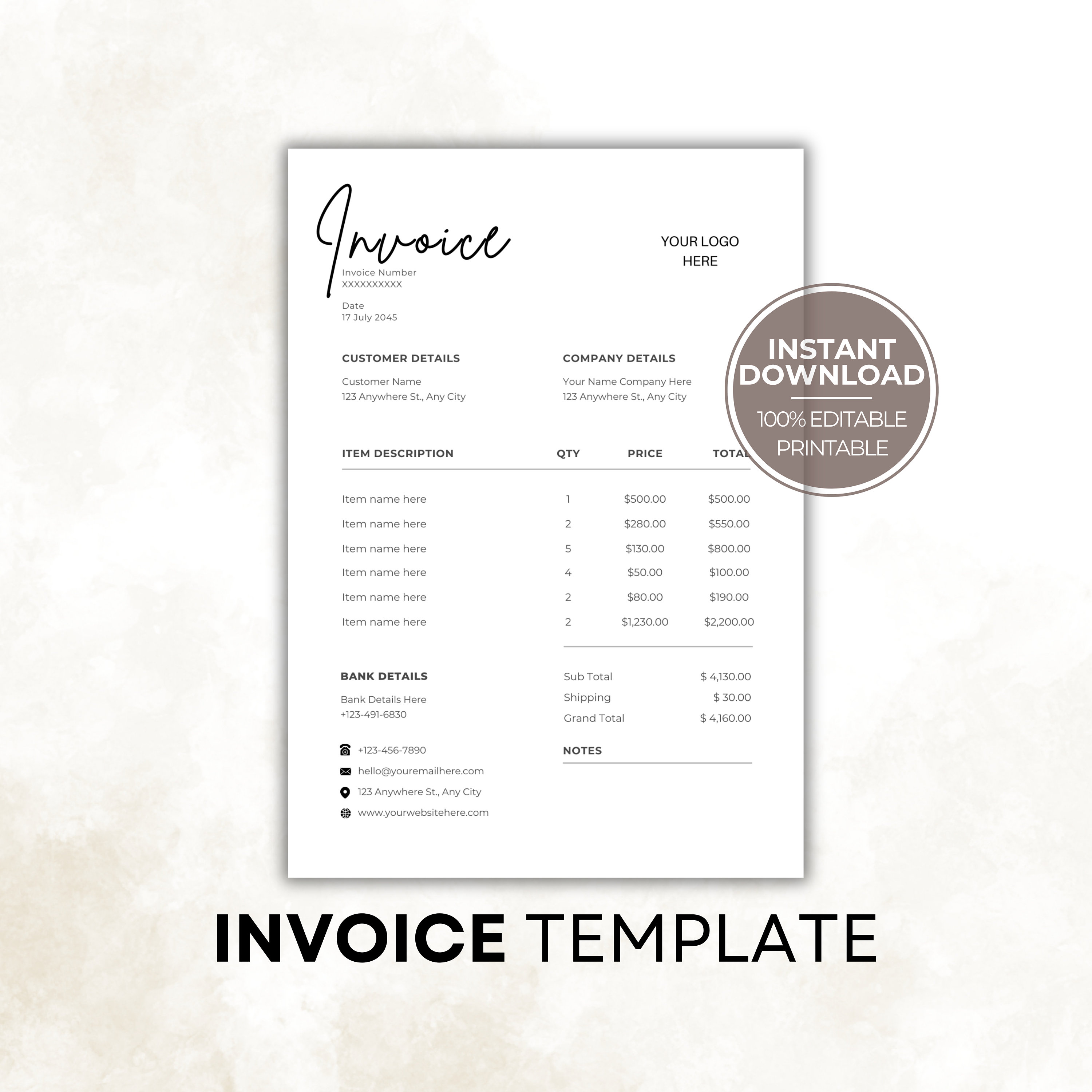 Blank Invoice Template, Editable in Canva Receipt Template Invoice ...