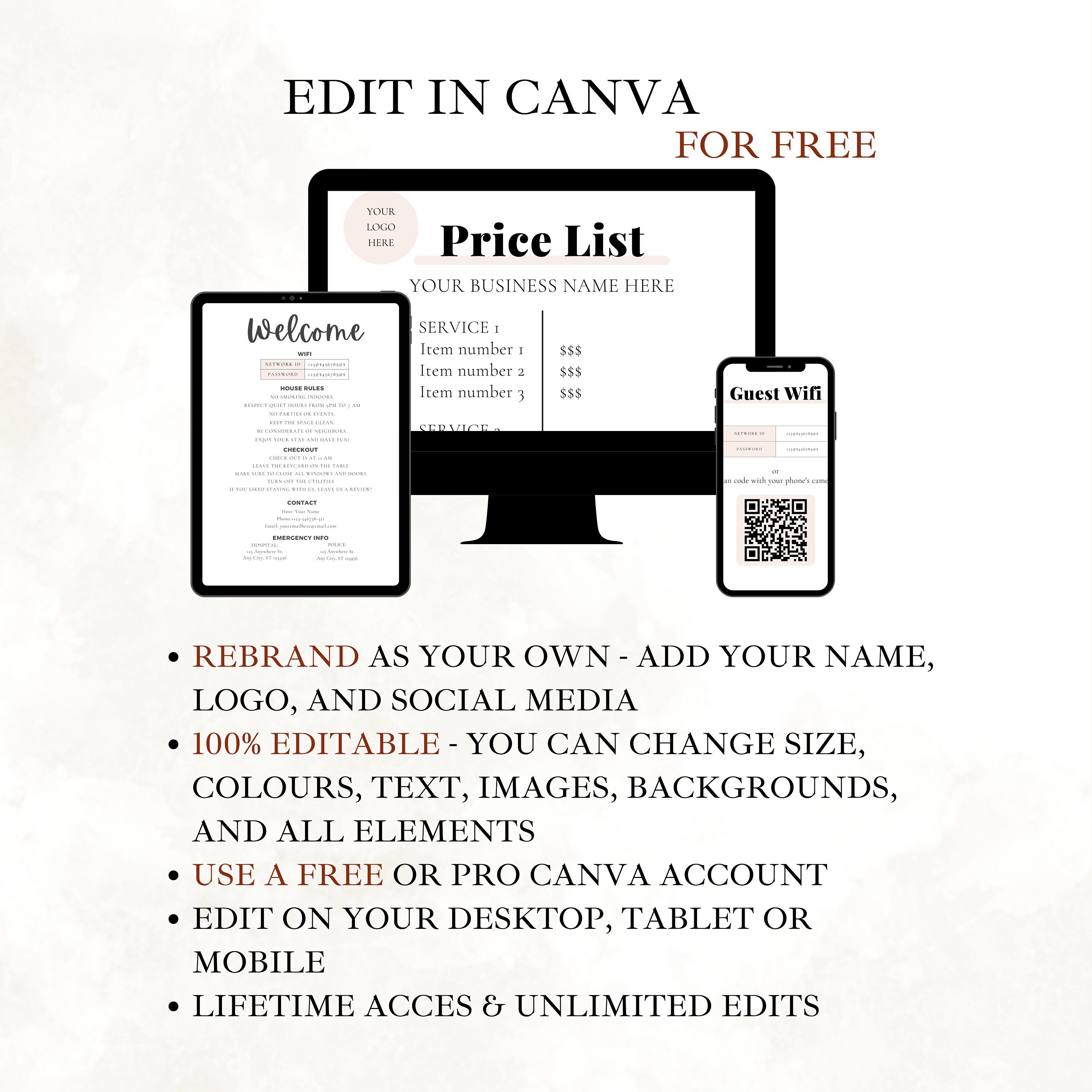 Printable Price List Template, Scan to Pay QR Code Sign, Tip Bartender ...