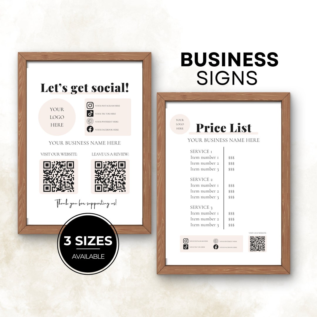 Editable Small Business Signs Template, Follow Us & Price List Template ...