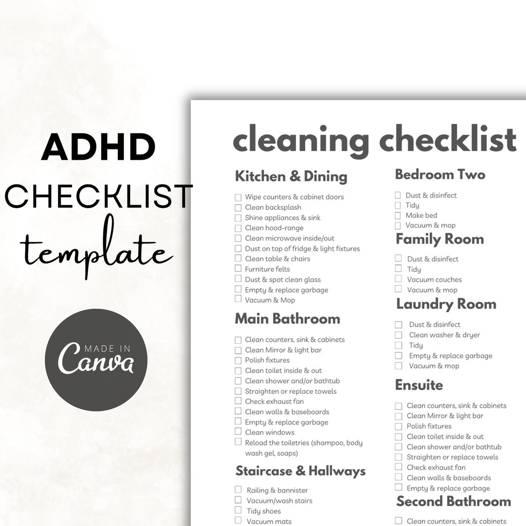 One Page ADHD Cleaning Checklist, Moving Cleaning Planner Page ...
