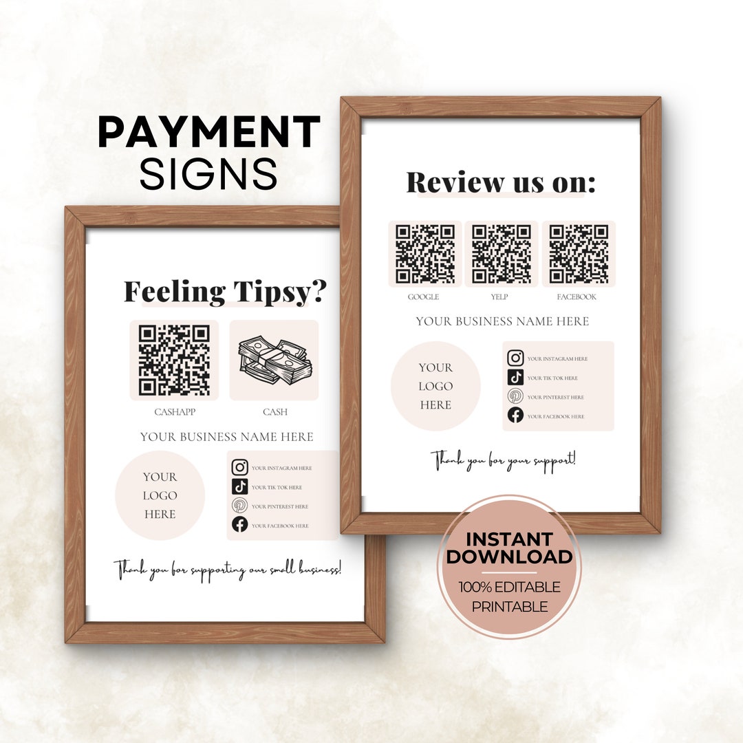 Tip Sign Bundle, Review Us QR Code Sign Editable in Canva Payment ...