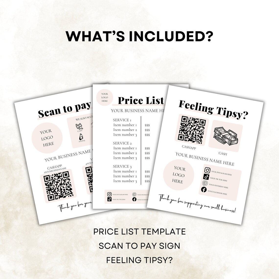 Printable Price List Template, Scan to Pay QR Code Sign, Tip Bartender ...