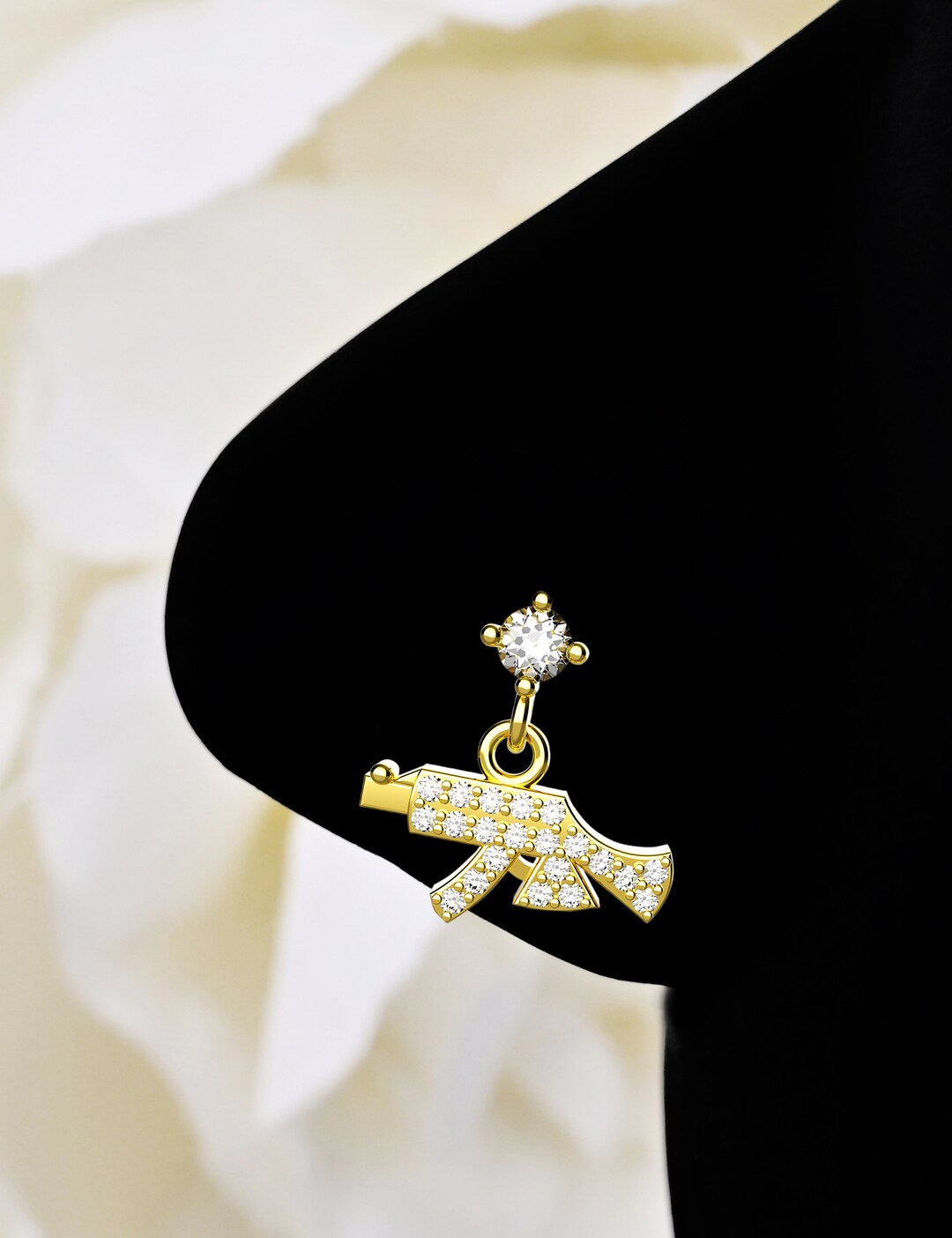 Dangling Gun Nose Ring, CZ Diamond Nose Stud, L Shape Nose Piercing ...