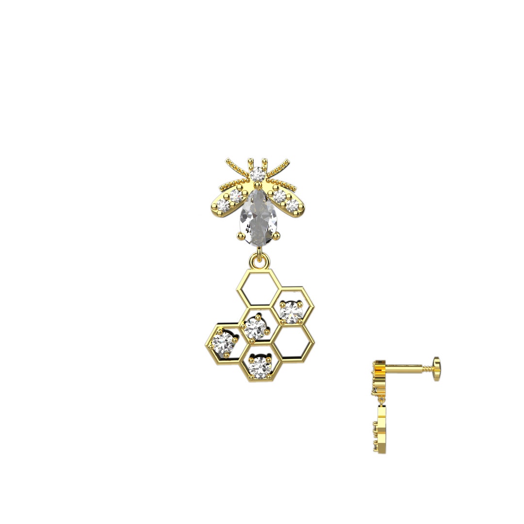 14K Gold Finish Bee & Honeycomb Nose Stud Flat Back Nose Ring Dangling ...