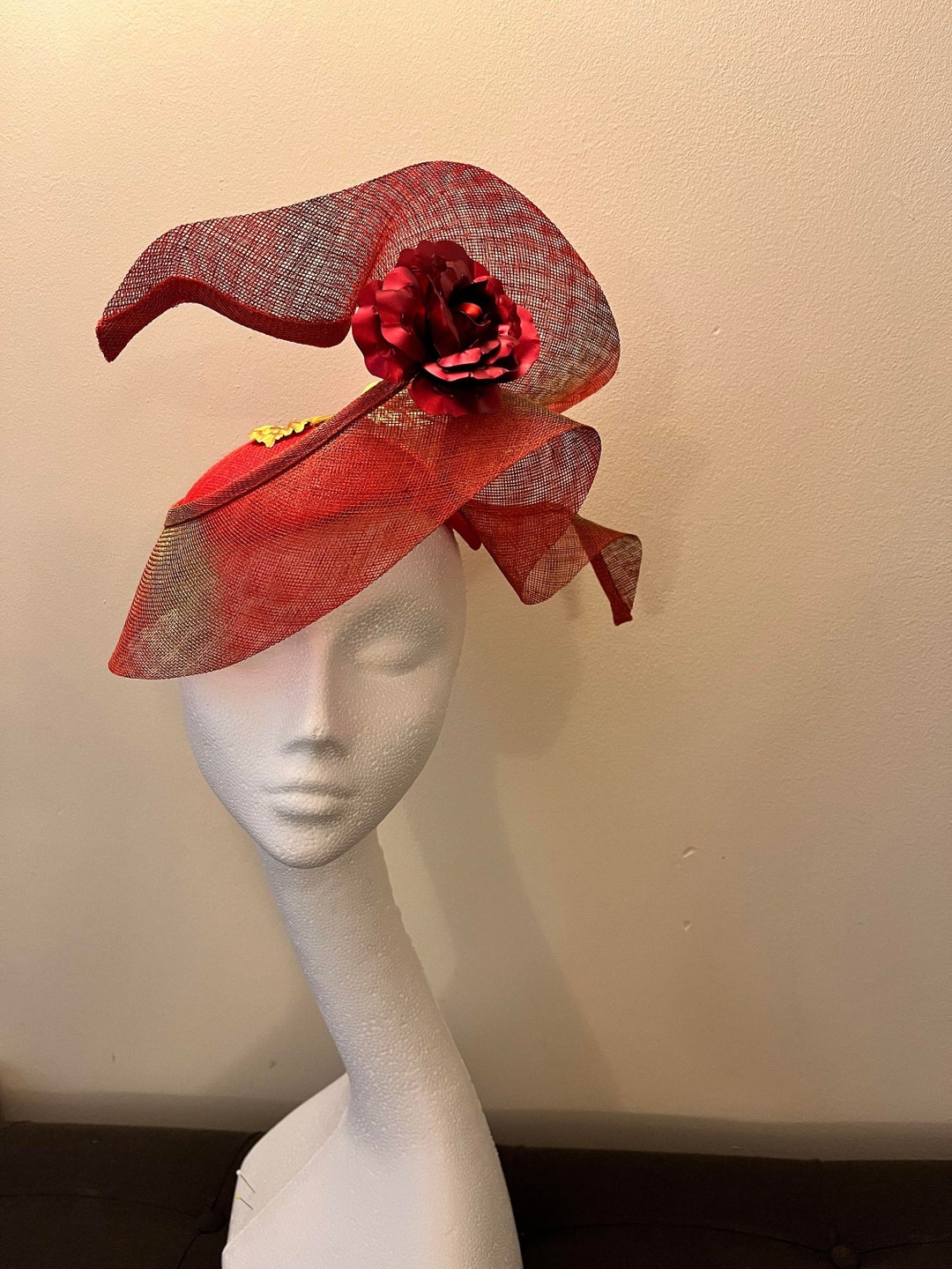 Metallic Rose Headpiece; Salon Drive Hat; Royal Ascot Hat; Red and Gold ...